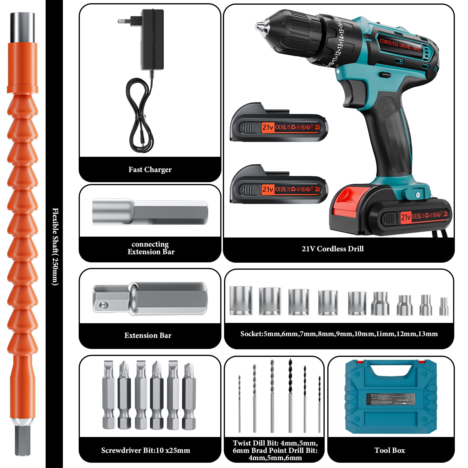 Olubfdh 21V Cordless Drill with Battery and Charger, Electric drill Set, Power Drill Cordless with 3/8 Inch Keyless Chuck, 25+ 3 Clutch, Work Light, Max torque 45Nm, 2-Variable Speed