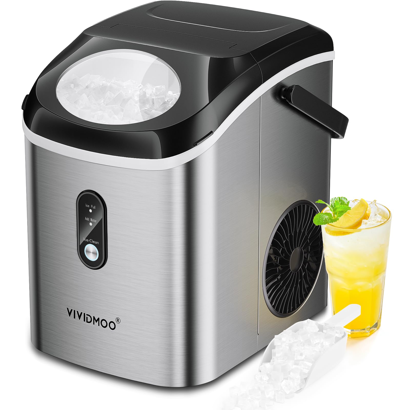 Vividmoo Ice Makers Countertop with Handle,33Lbs/24H,Portable Ice Maker Machine with Self-Cleaning,Perfect for Home Kitchen(Sliver)