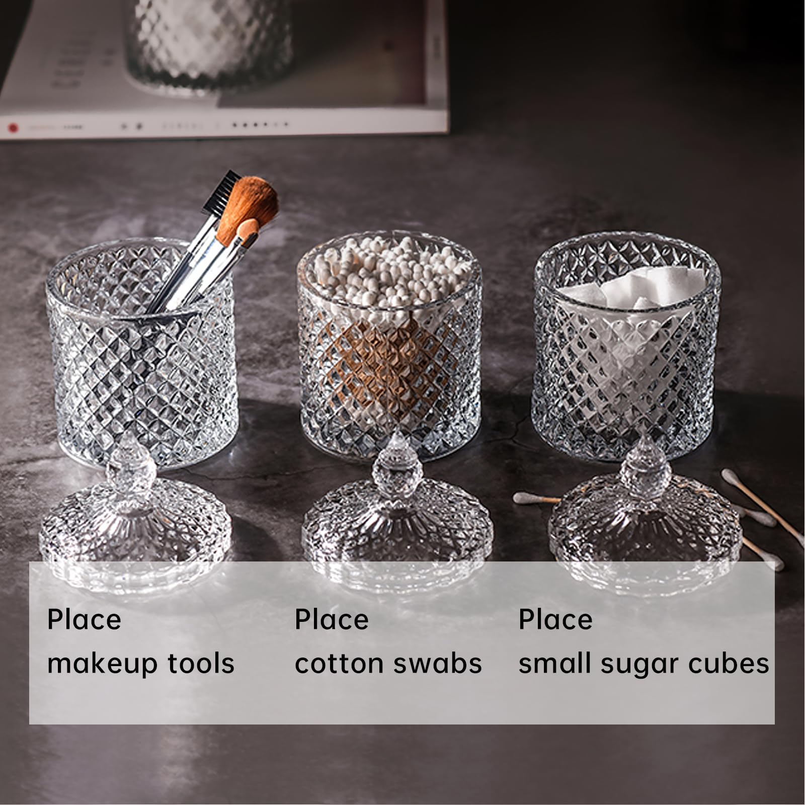 Qtip holder for bathroom,Cotton swab holder,Floss-Small Clear Glass Canister Apothecary Jar Set,Vanity Makeup Organizer,Qtips dispenser,pad container Round Pads tips swabs ball set