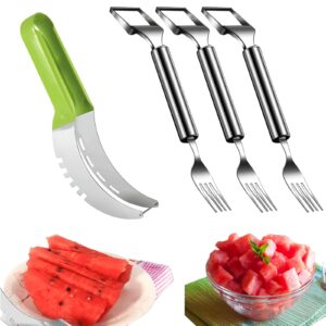 𝟑+𝟏 𝐏𝐂𝐒 watermelon cutter slicer tool set, stainless steel, 2-in-1 watermelon fork sicer cut watermelon into cubes knife (updated wide cutter (1.34 ins))