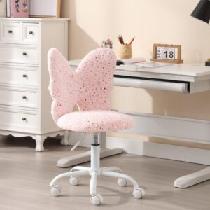 dayalane butterfly kids desk chair with wheels, faux fur study chair for girls, adjustable cute kids chair swivel upholstered task chair rolling desk chair for bedroom/reading, pink