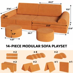 MAMIZO Kids Couch, Modular Kids Play Couch, 14pcs Large Toddler Sectional Sofa, Child Building Fort Creative Playroom Bedroom, Convertible Foam Floor Cushion for Boys Girls (Orange)