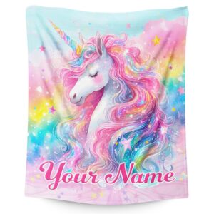 personalized cute unicorn blanket gift with name for girls, soft & cozy throw blanket for kids girls, custom 40 * 50 inch cute fuzzy throws for sofa couch