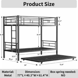 QSOSTNS Twin Over Twin Bunk Bed with Trundle, Heavy Duty Bunk Beds Frame with Side Ladders Convertible Bunkbed with Safety Guard Rails, No Box Spring Needed (Black)