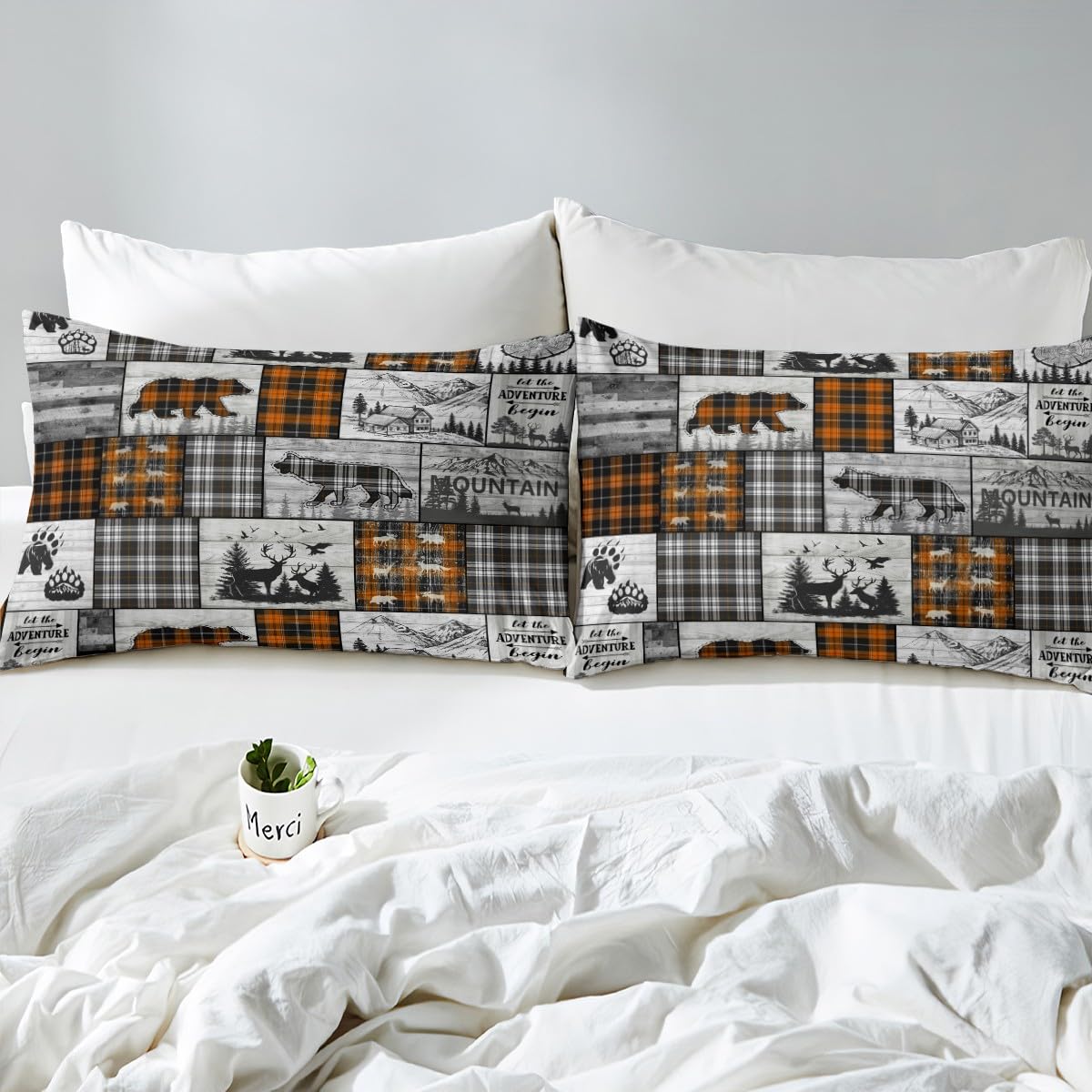 Erosebridal Rustic Cabin Bedding Set King Farmhouse Lodge Duvet Cover Black Orange Buffalo Plaid Country Comforter Cover for Kids Men Hunting Bear Deer Wolf Woodland Wildlife Quilt Cover