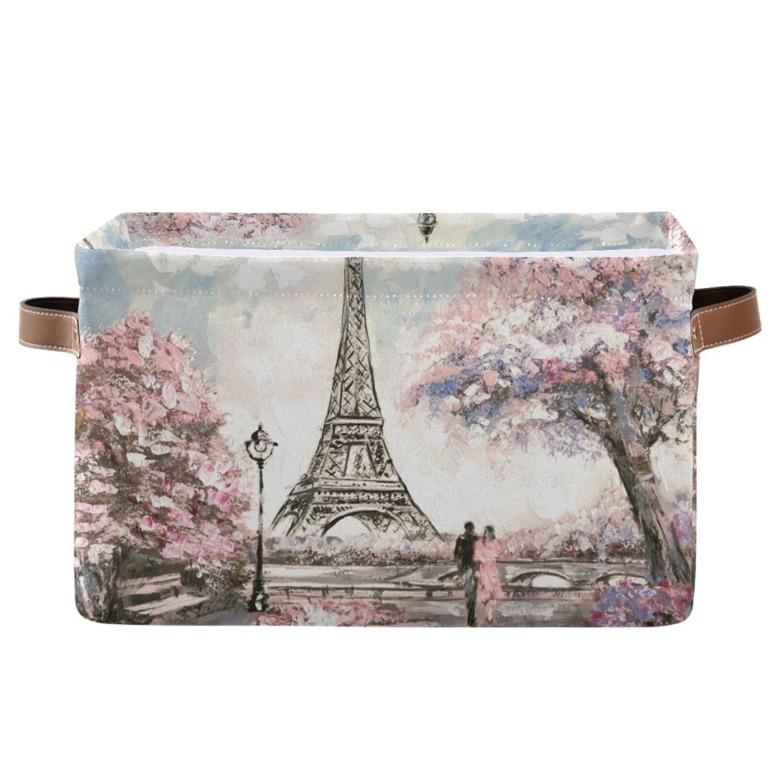 ALAZA France Paris Eiffel Tower Oil Painting Large Storage Basket for Organizing Foldable Storage Bin for Shelves Home with Handles 1 Pack