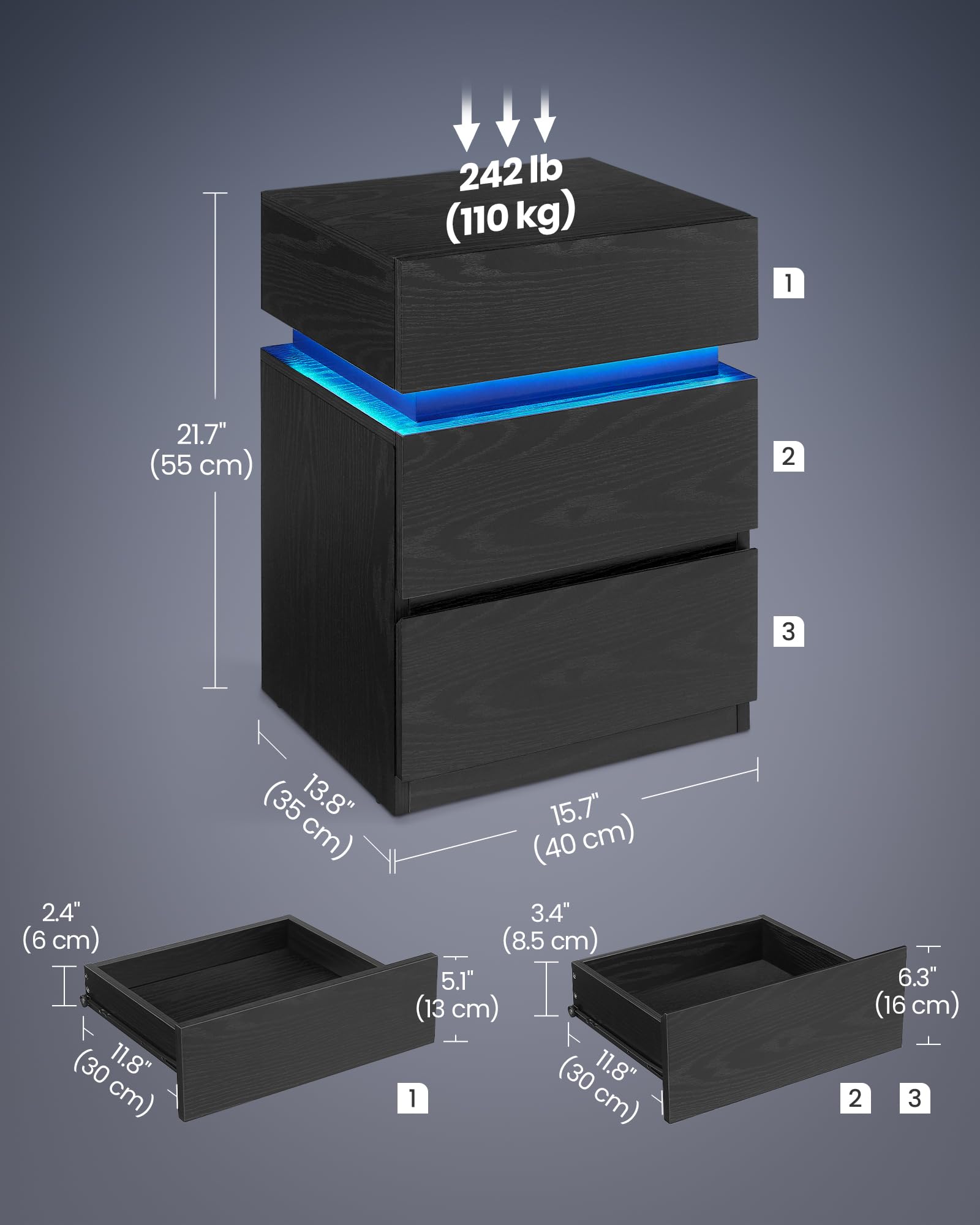 VASAGLE Nightstands with LED Lights, Set of 2, Adjustable Light Colors, Bedside Tables, Side Tables with 3 Drawers, Modern Style, 13.8 x 15.7 x 21.7 Inches, Ebony Black ULET799T58