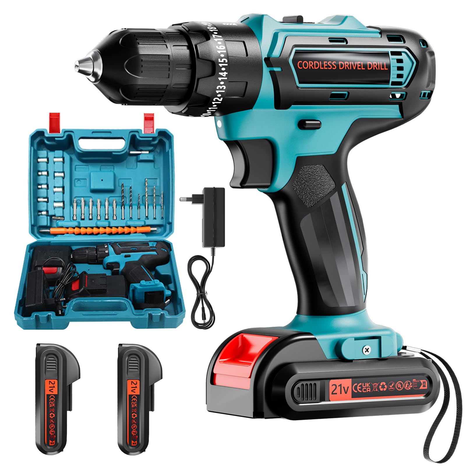 Olubfdh 21V Cordless Drill with Battery and Charger, Electric drill Set, Power Drill Cordless with 3/8 Inch Keyless Chuck, 25+ 3 Clutch, Work Light, Max torque 45Nm, 2-Variable Speed