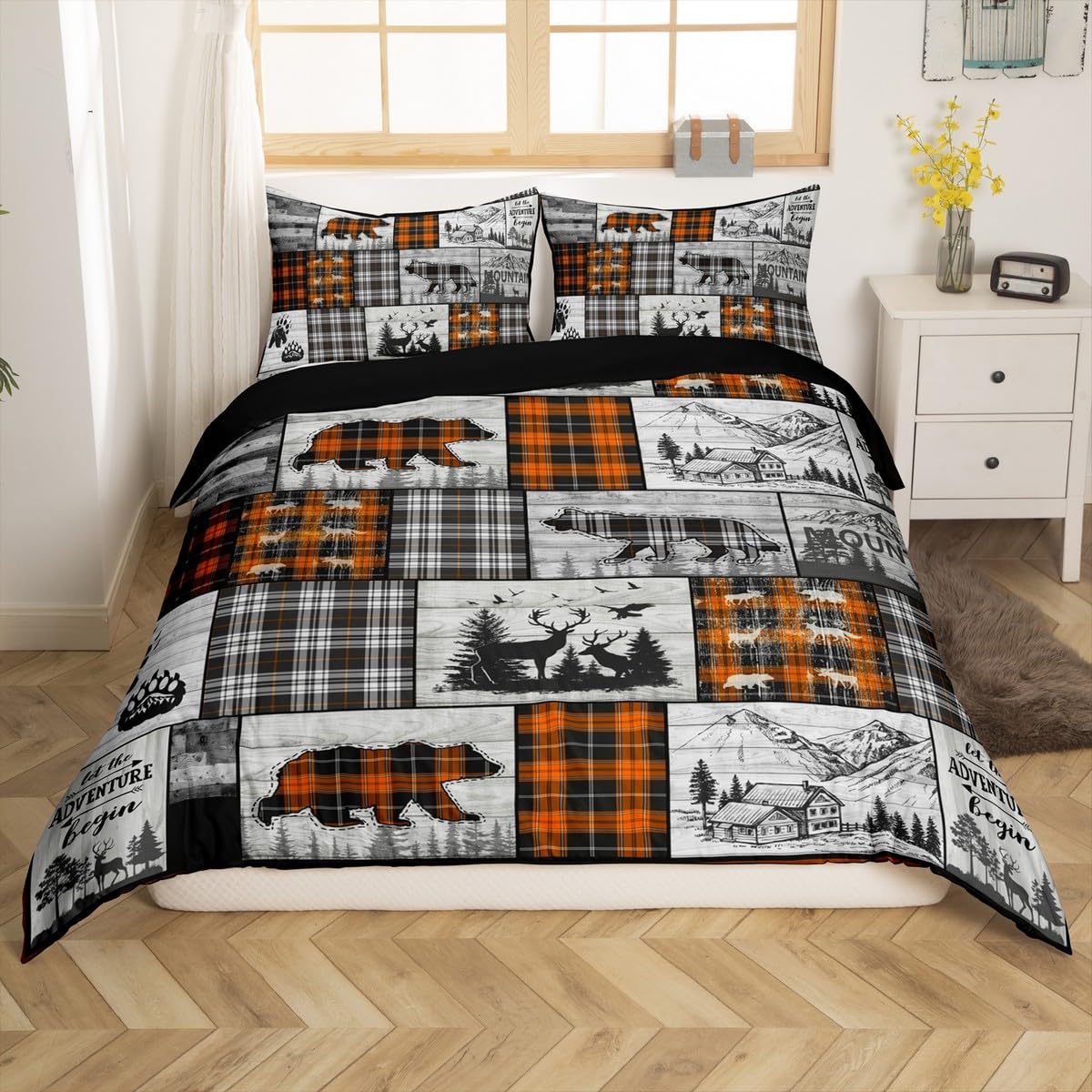 Erosebridal Rustic Cabin Bedding Set King Farmhouse Lodge Duvet Cover Black Orange Buffalo Plaid Country Comforter Cover for Kids Men Hunting Bear Deer Wolf Woodland Wildlife Quilt Cover