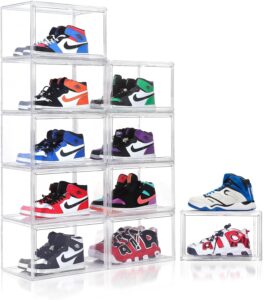 10 pack acrylic ultra clear storage sneaker shoe box stackable transparent boxes, magnetic door plastic sneakerhead professional grade display case boot organizer, fits us size 15 sneakers, pack of 10