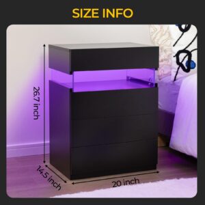 Bingoday Night Stand with 4 Drawers Large LED Nightstand Black Night Stand for Bedroom Modern Bedside Tables for Bedroom, Living Room (Black)