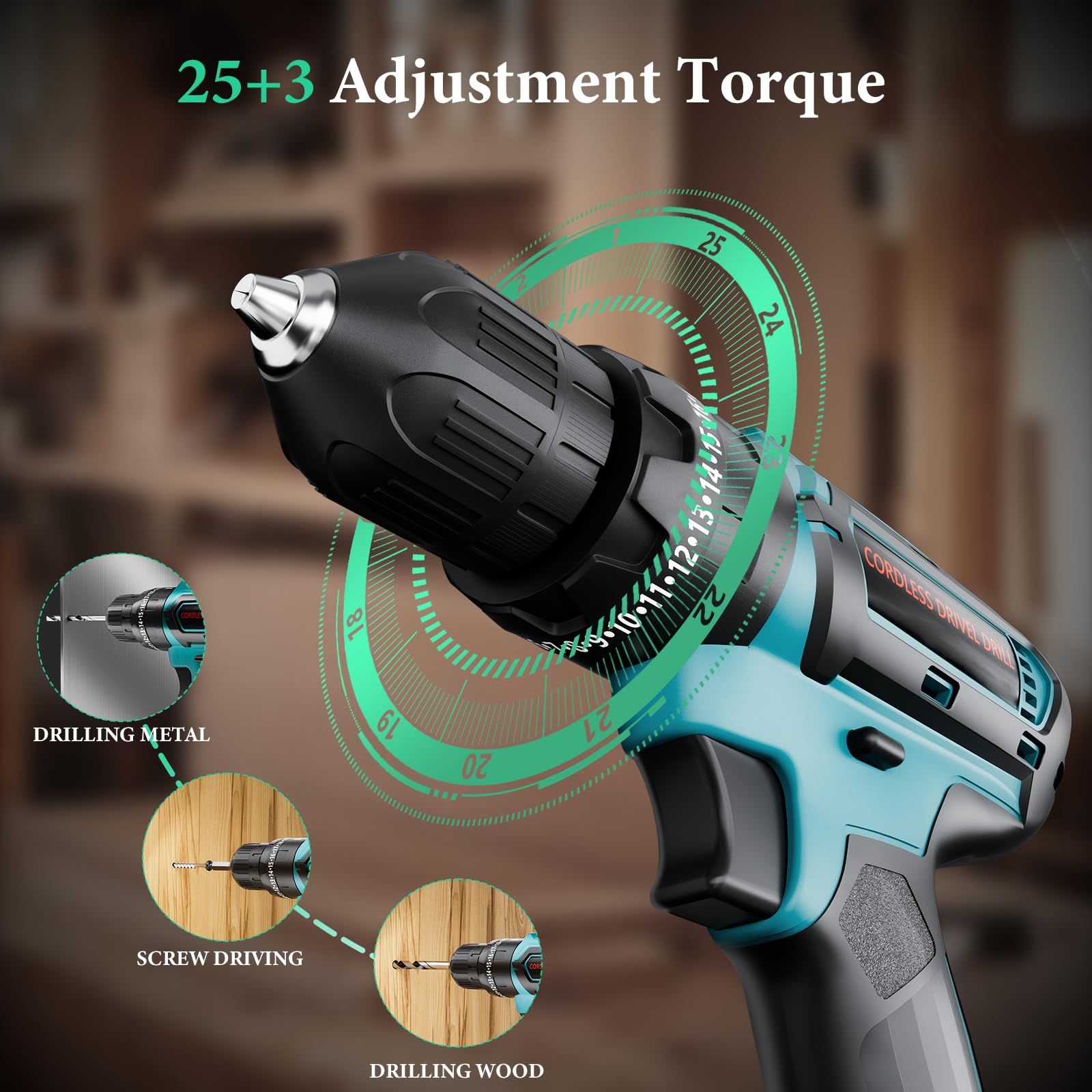 Olubfdh 21V Cordless Drill with Battery and Charger, Electric drill Set, Power Drill Cordless with 3/8 Inch Keyless Chuck, 25+ 3 Clutch, Work Light, Max torque 45Nm, 2-Variable Speed