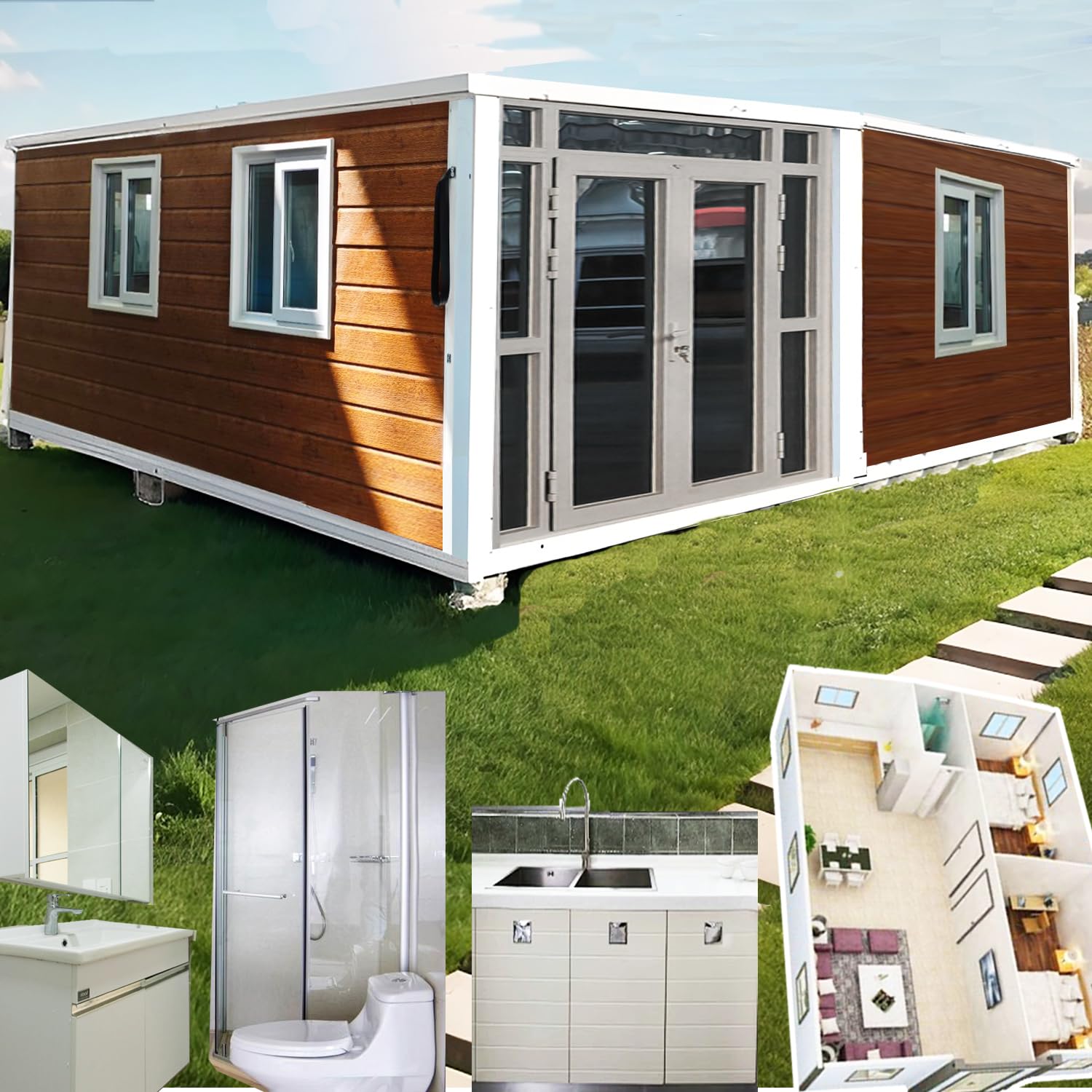 2 Bedroom 20FT Tiny Houses to Live in for Adults Mini Foldable Expandable Container Prefab Home kit Mobile Modular casas prefabricadas para vivir Mini Live Houses for sale,with Toilet Kitchen Bathroom