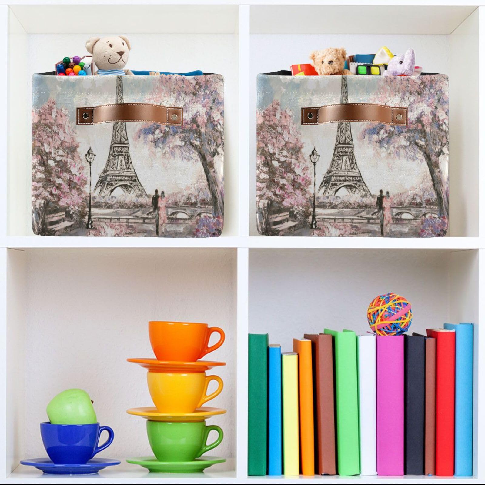 ALAZA France Paris Eiffel Tower Oil Painting Large Storage Basket for Organizing Foldable Storage Bin for Shelves Home with Handles 1 Pack