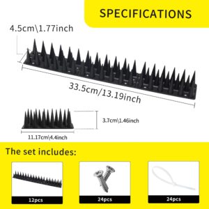 KOKMEYA Bird Spikes, 13.2FT Outdoor Bird Deterrent Spikes Device for Birds Pigeon Woodpecker Squirrel Raccoon Cat, Plastic Bird Deterrent for Outside, Patio, Roof, Sill, Fascia (Black, 12Pcs)