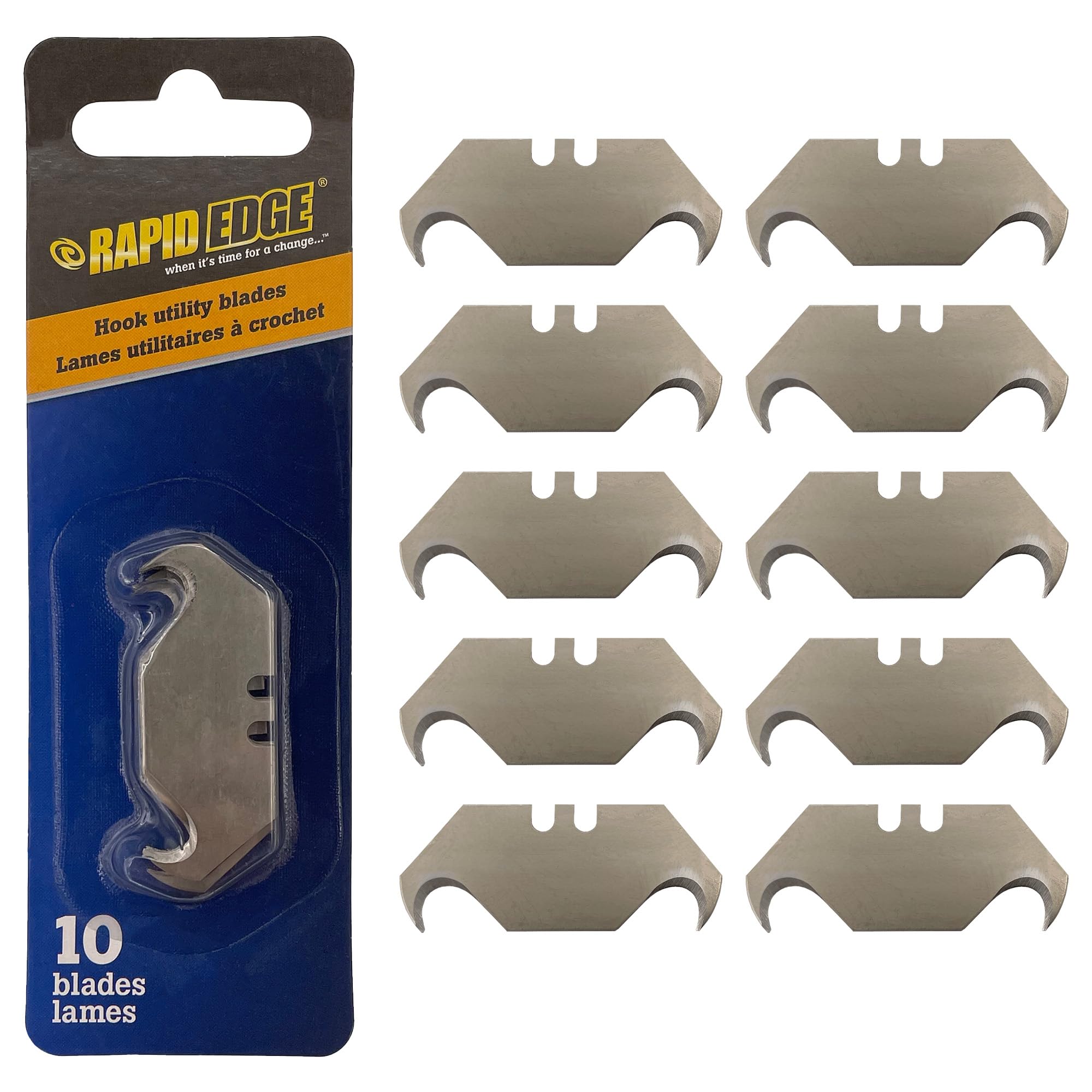 Rapid Edge 1-pack (10 pieces) Hook Blades, Replacement Hook Knife Blades, Dual-curve Utility Knife Blades Fit for Roofing and Flooring Materials