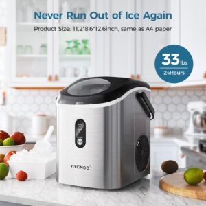 Vividmoo Ice Makers Countertop with Handle,33Lbs/24H,Portable Ice Maker Machine with Self-Cleaning,Perfect for Home Kitchen(Sliver)