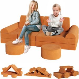 mamizo kids couch, modular kids play couch, 14pcs large toddler sectional sofa, child building fort creative playroom bedroom, convertible foam floor cushion for boys girls (orange)