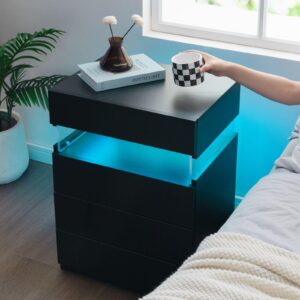 Bingoday Night Stand with 4 Drawers Large LED Nightstand Black Night Stand for Bedroom Modern Bedside Tables for Bedroom, Living Room (Black)