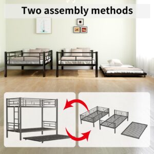 QSOSTNS Twin Over Twin Bunk Bed with Trundle, Heavy Duty Bunk Beds Frame with Side Ladders Convertible Bunkbed with Safety Guard Rails, No Box Spring Needed (Black)