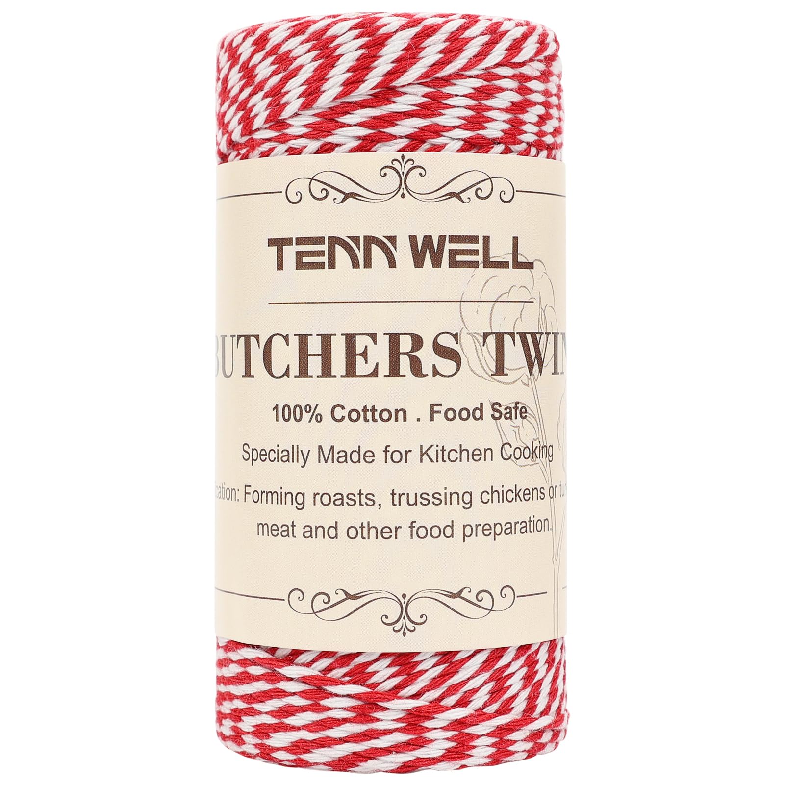 Tenn Well Butchers Twine, 328 Feet 2mm Food Safe Cooking Twine, Red and White Kitchen Twine for Roasting, Baking, Trussing Turkey, Tying Meat and More