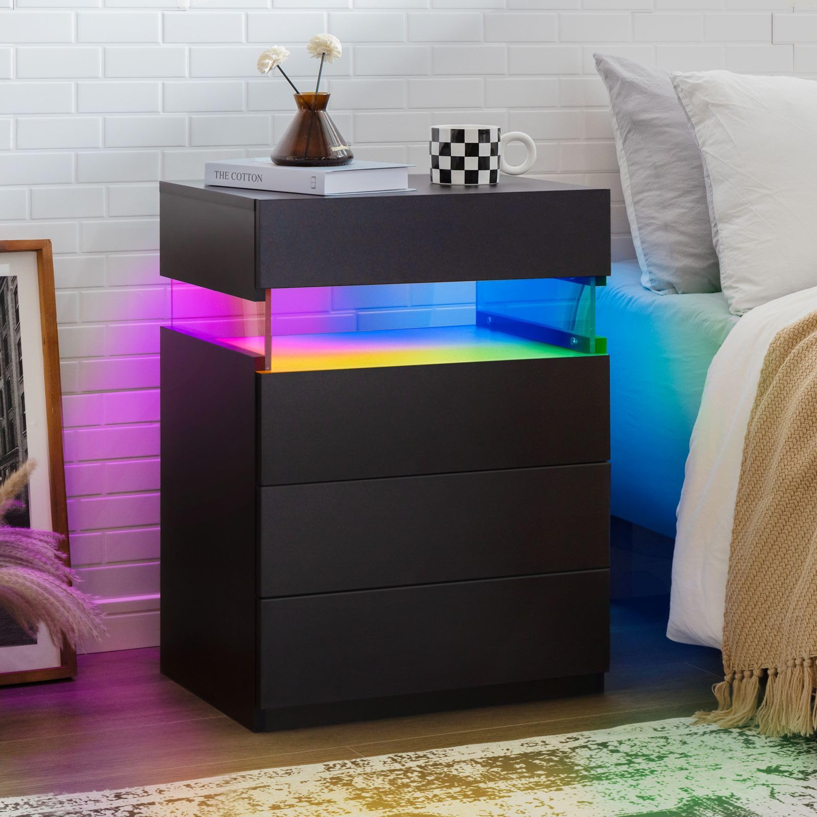 Bingoday Night Stand with 4 Drawers Large LED Nightstand Black Night Stand for Bedroom Modern Bedside Tables for Bedroom, Living Room (Black)