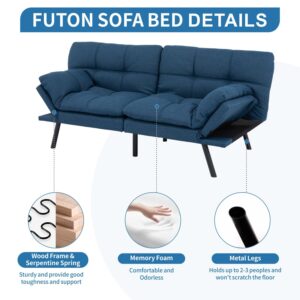 MUUEGM Futon Couch Convertible Memory Foam Sleeper Futon Sofa Bed, Adjustable Backrest Armrest Folding Futon, Modern Fabric Sofa Bed for Living Room, Apartment, Office, Small Room, 71” Blue