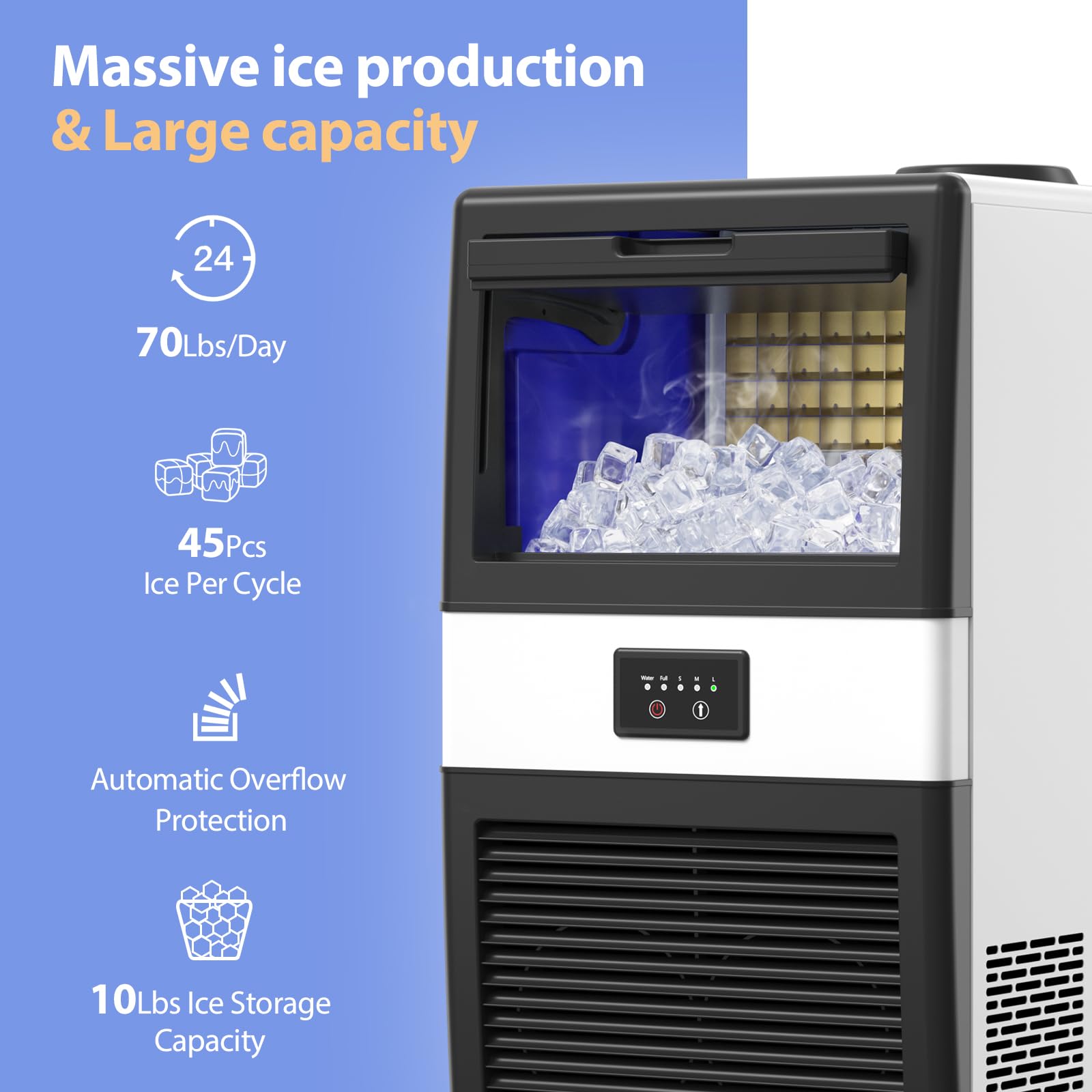 Commercial Ice Maker Machine, 70lbs/24H Stainless Steel Under Counter ice Machine with 10lbs Ice Storage Capacity, Freestanding Ice Maker