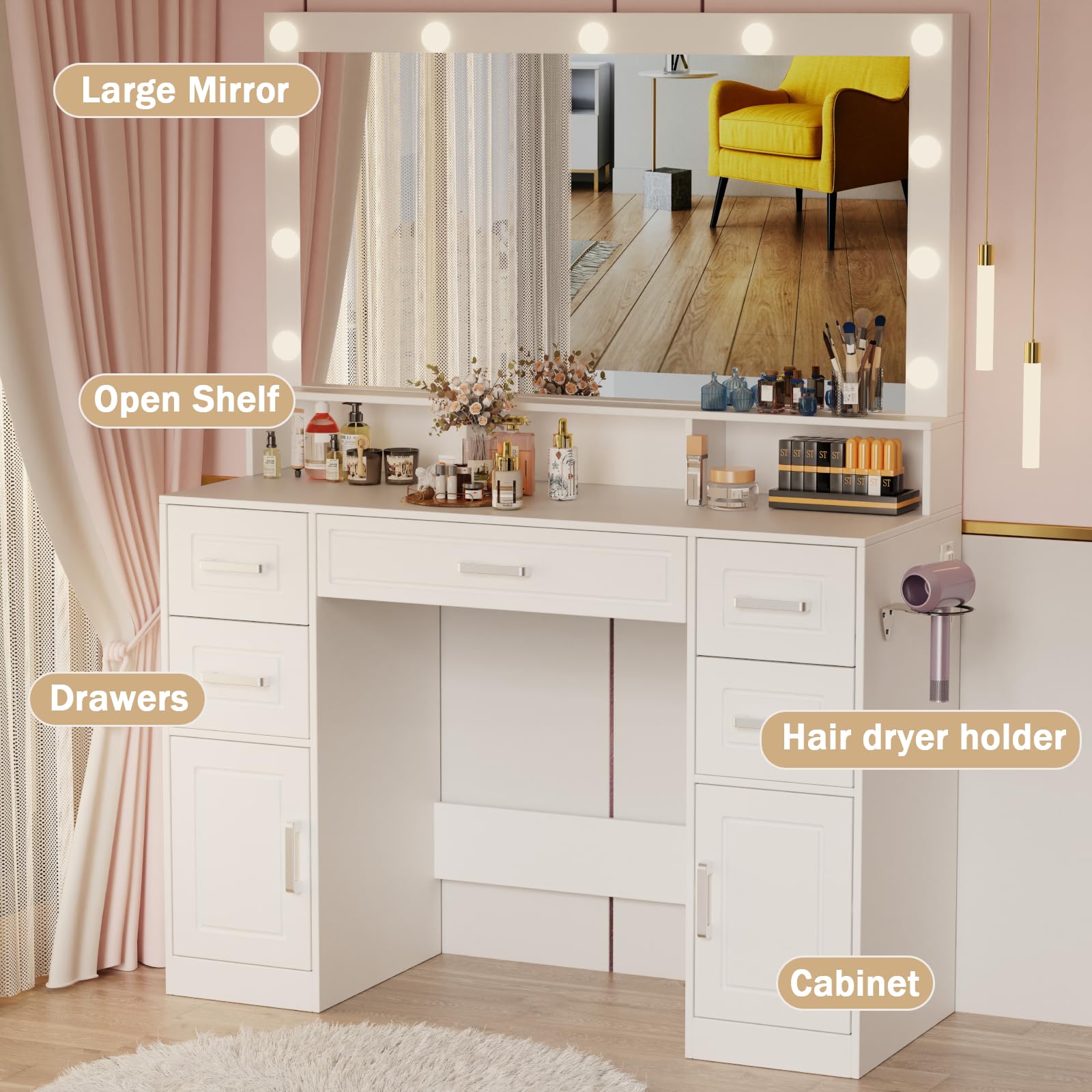 ISHARINGTIME 43.3" Vanity Desk with Large Lighted Mirror, Makeup Vanity with 5 Drawers & Power Outlet, 11 Lights, 3 Color Lighting Modes Adjustable Brightness, Dressing Table for Bedroom, White