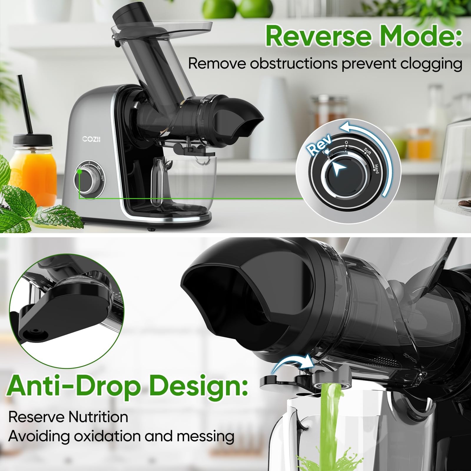 COZII Cold Press Juicer,Slow Masticating Juicer Soft/hard Mode & Quiet Motor,3.6 Inch Large Feed Chute For Vegetable and Fruit,Easy to Clean 150W Juicer Machines,Dishwasher Safe,High Juice Yield