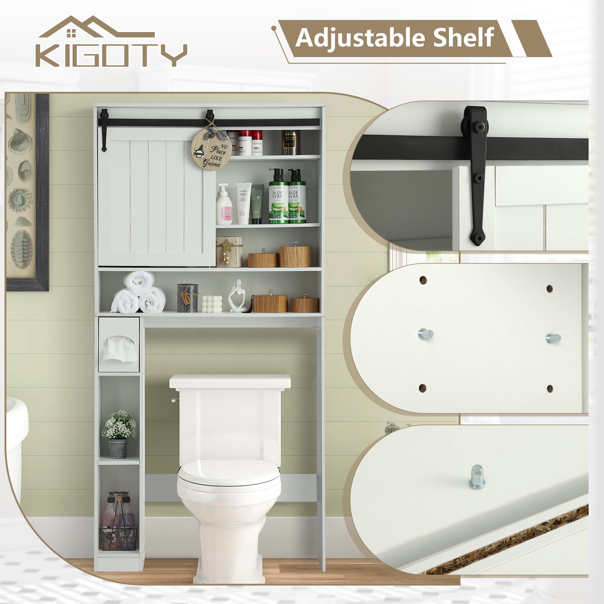 KIGOTY Over The Toilet Storage Cabinet, Bathroom Storage Organizer with Sliding Doors, Toilet Rack with Adjustable Shelf,Freestanding Space-Saving Storage Rack for Laundry Room,Bathroom,White