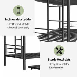 QSOSTNS Twin Over Twin Bunk Bed with Trundle, Heavy Duty Bunk Beds Frame with Side Ladders Convertible Bunkbed with Safety Guard Rails, No Box Spring Needed (Black)