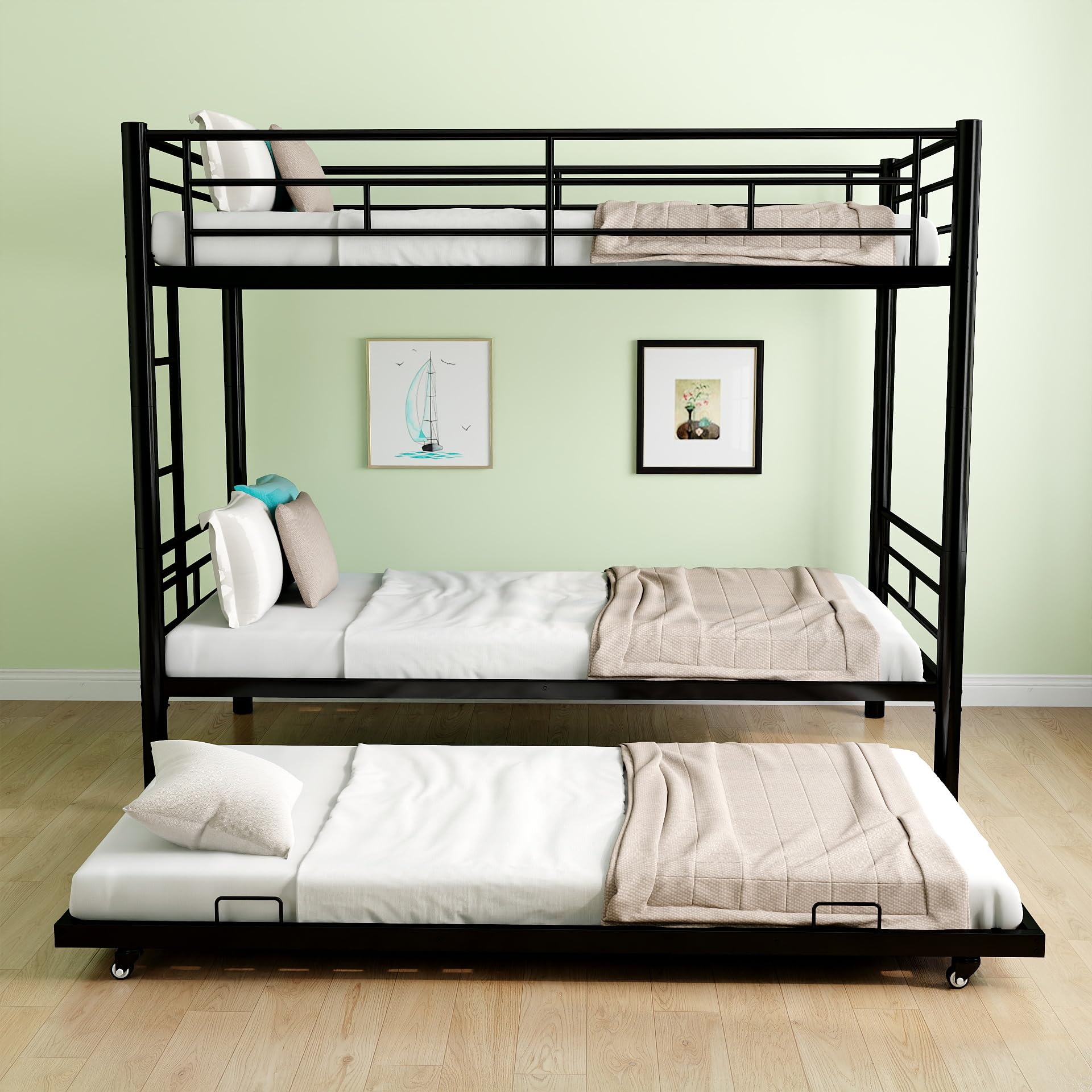 QSOSTNS Twin Over Twin Bunk Bed with Trundle, Heavy Duty Bunk Beds Frame with Side Ladders Convertible Bunkbed with Safety Guard Rails, No Box Spring Needed (Black)