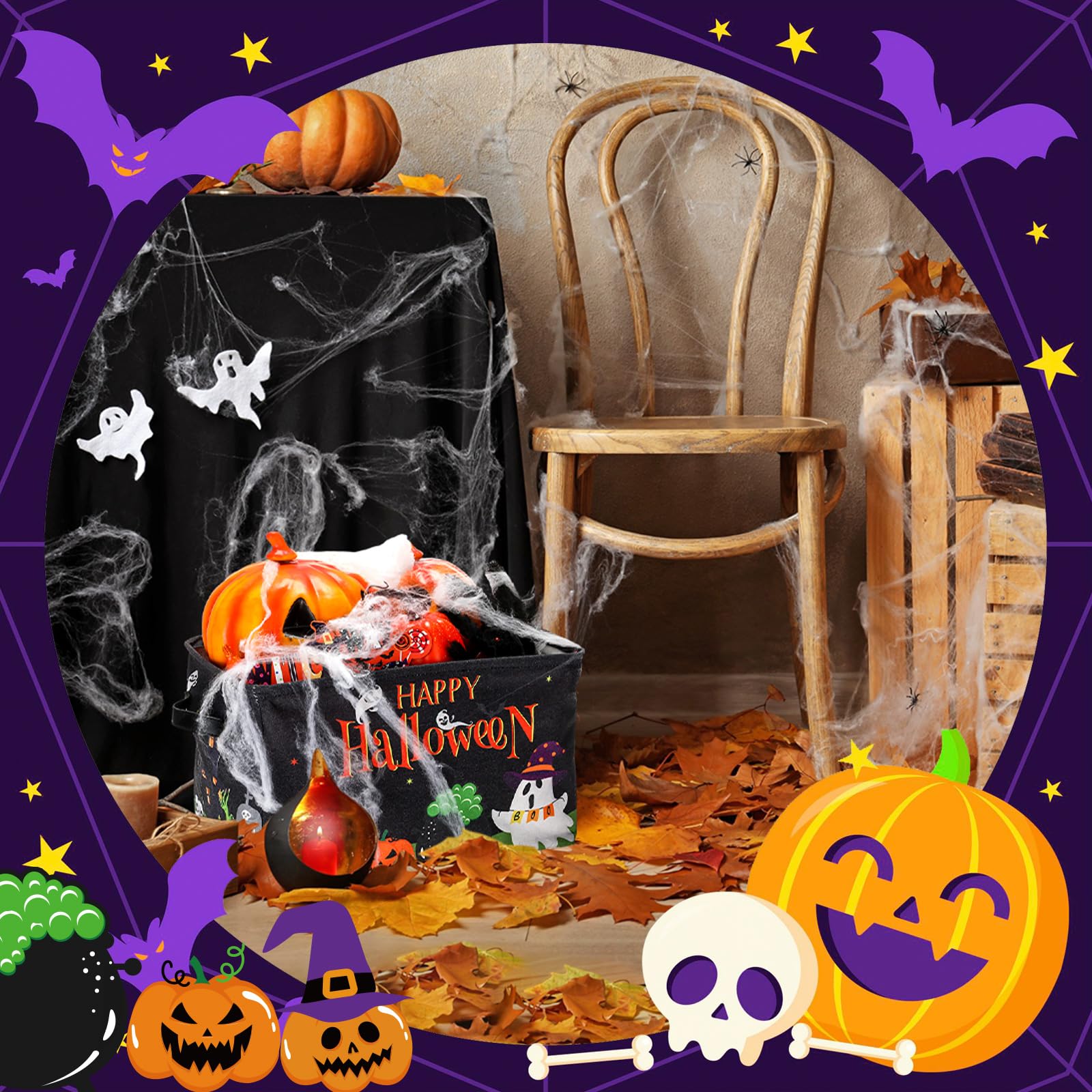 Yeyeplum Halloween Storage Basket Halloween Spooky Basket Foldable Organizer Bins Halloween Storage Basket with Handle Pumpkin Candy Gift Basket Trick or Treat Bags Basket Halloween Storage Container