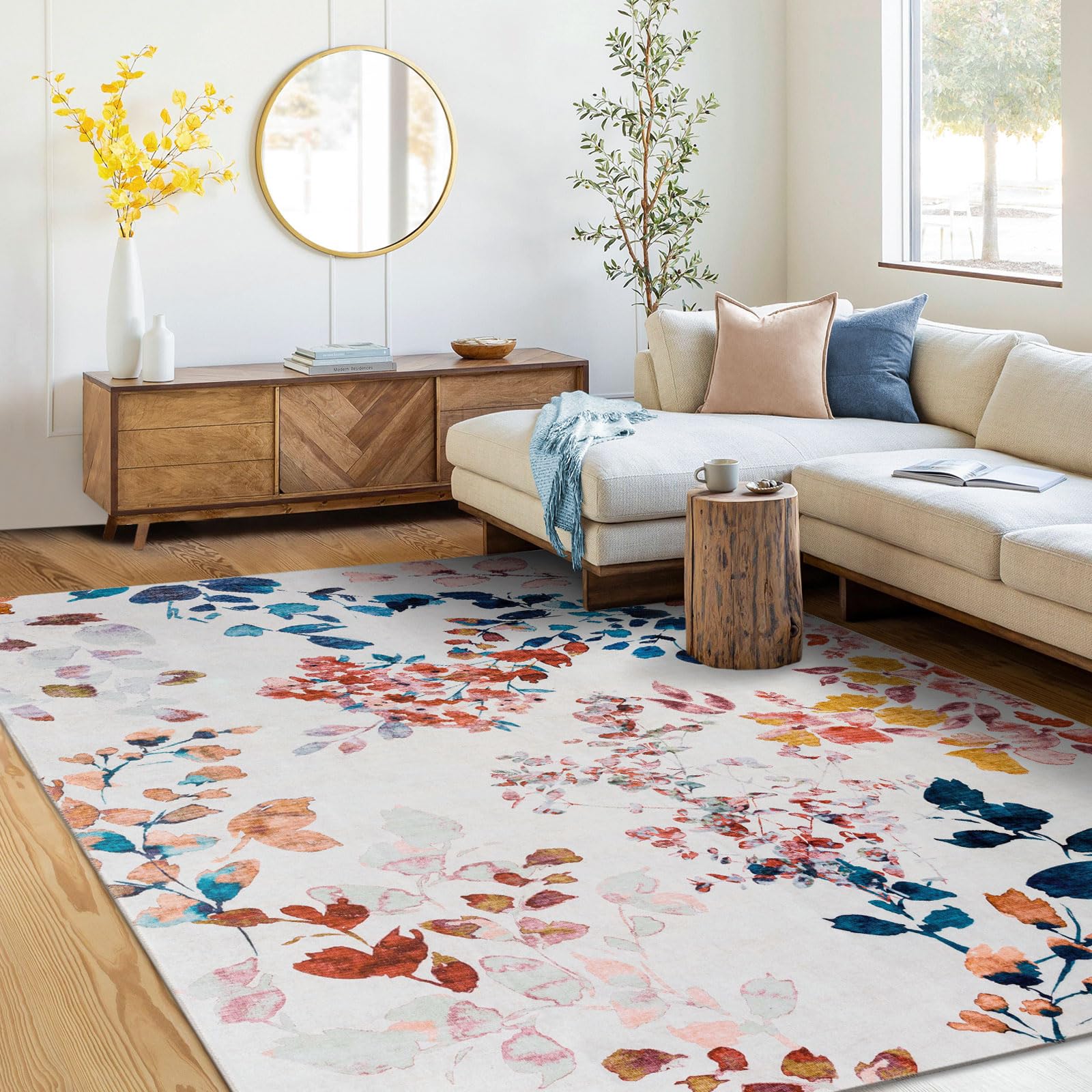 Fashriend Phyllis Modern Area Rug, 6'×9' Washable Accent Floral Rug, Non-Slip Flower Leaf Carpet, Non-Shedding Colorful Rug with Low Pile for Living Room, Bedroom, Dining, Office, Multicolor