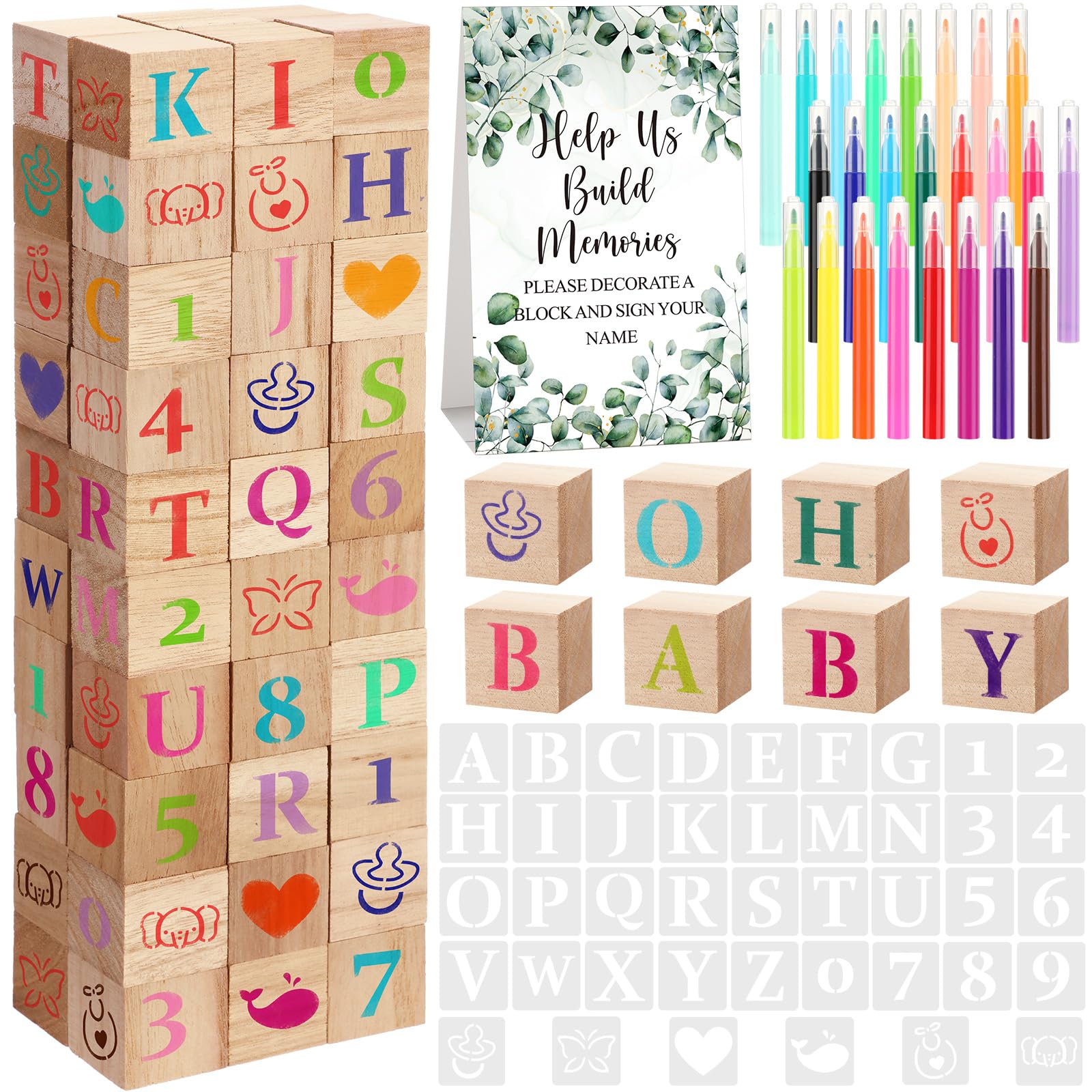 147 Pcs Baby Shower Blocks to Decorate Games Kit Includes Decorate a Block Game Sign 80 DIY Blank Wooden Block 42 Stencils 24 Marker Baby Shower Prize for Decoration Gender Reveal Baby Shower Games