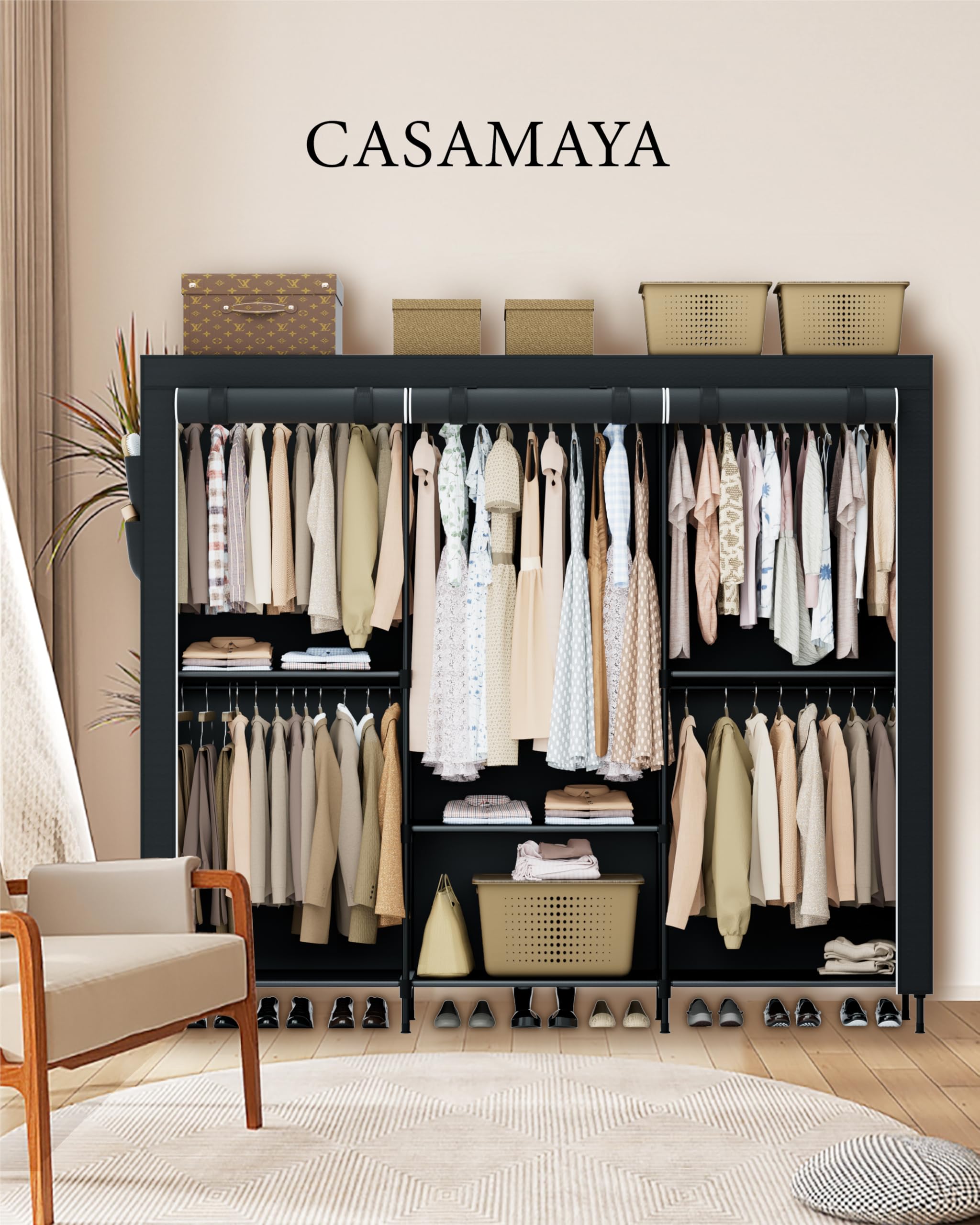 CASAMAYA Portable Closet, 81.5 Inch Extra Large Capacity Wardrobe Closet with Cover, Clothes Storage Organizer with Shelves and 5 Hanging Rods, Easy to Assembly, Black PCT136B01