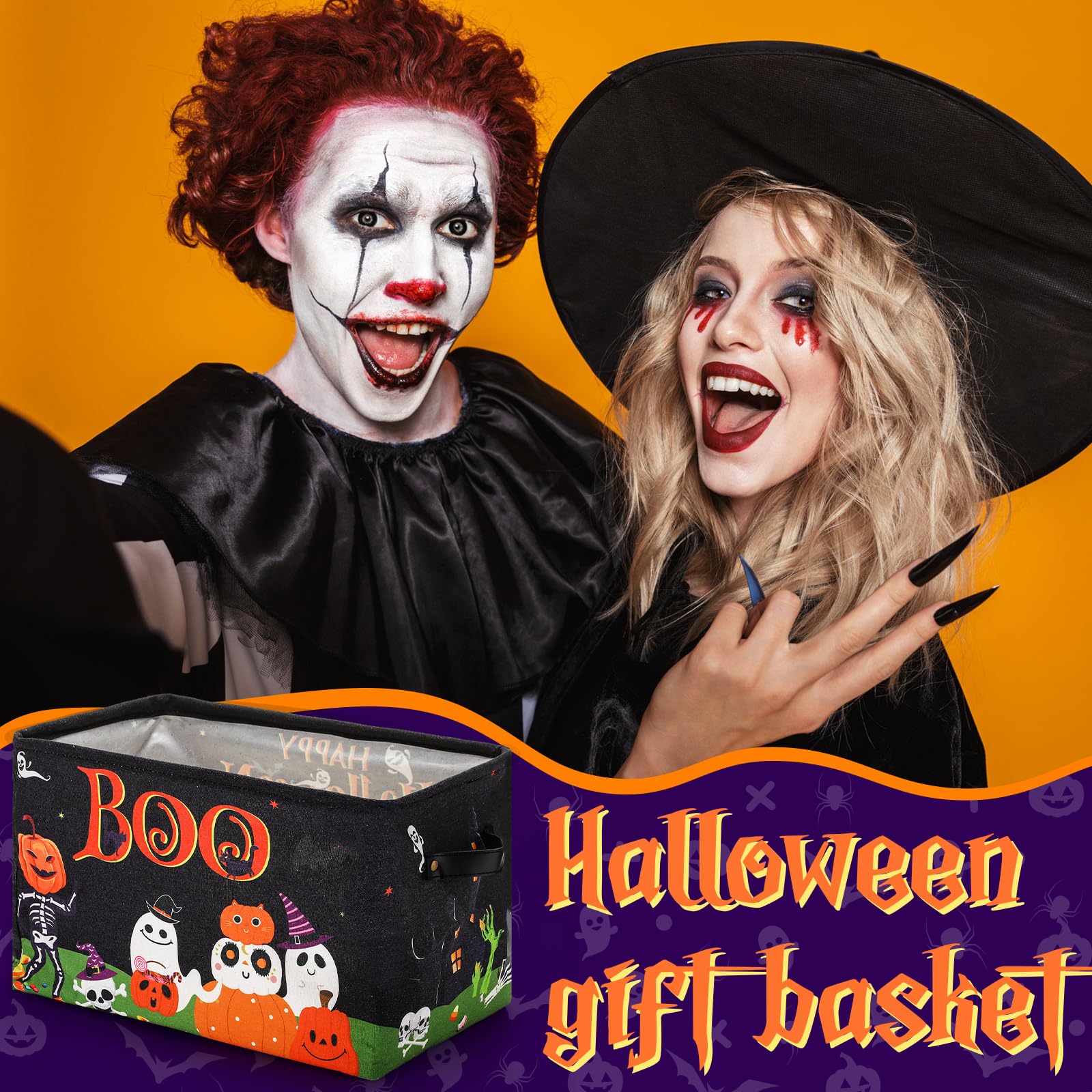 Yeyeplum Halloween Storage Basket Halloween Spooky Basket Foldable Organizer Bins Halloween Storage Basket with Handle Pumpkin Candy Gift Basket Trick or Treat Bags Basket Halloween Storage Container