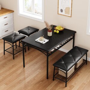 GAOMON Dining Table with Benches, Kitchen Table Set for 4, Dining Room Table Set with Upholstered Bench and Square Stools, Metal and Wood Dining Table Set for 4 with Storage for Small Space-Black