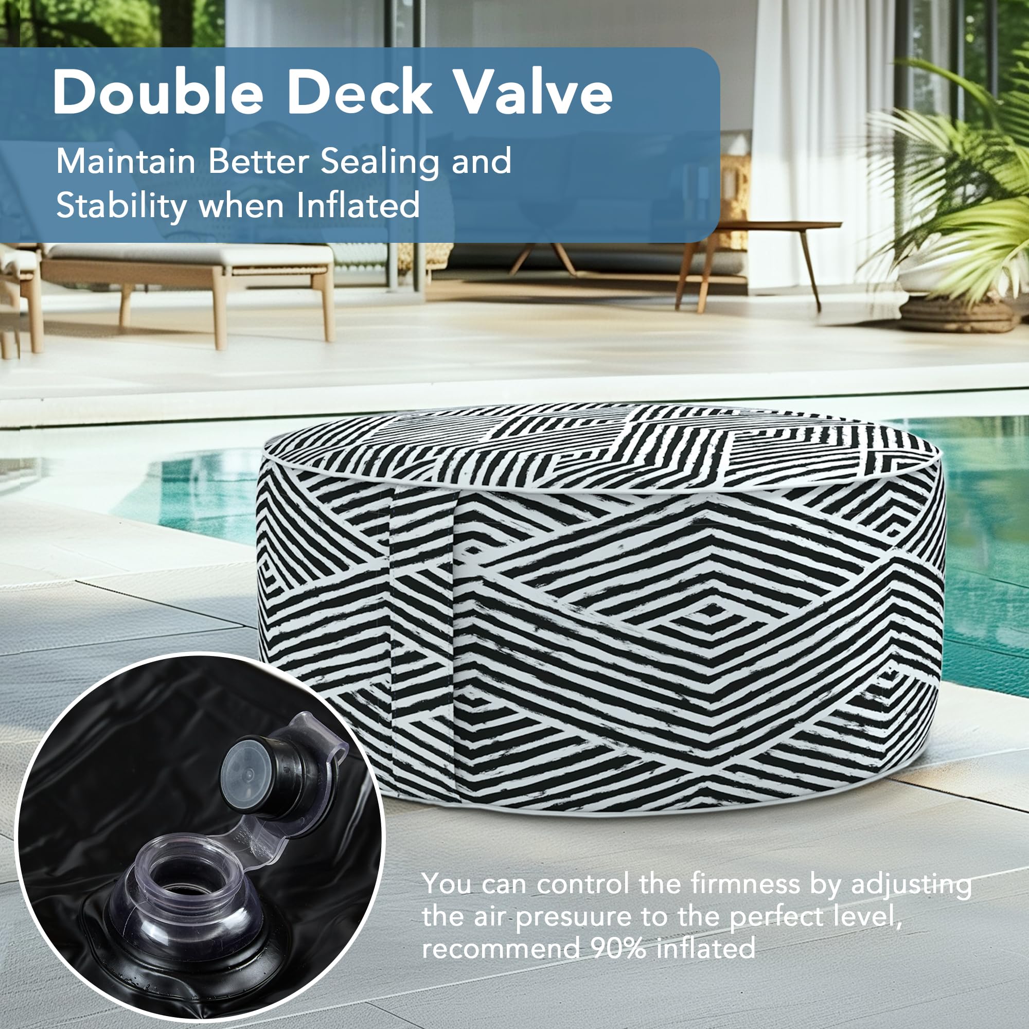 Codi Outdoor Pouf Ottoman, Inflatable Ottomans for Patio, Porch and Beach, Water Repellent Round Foot Rest with Handle, D21'' x H9'', Black and White