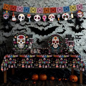 130 PCS Skull Party Supplies with Skeleton Paper Plates,Cake PlatesNapkins, Cups and Cutlery for Skull Birthday Party Decorations, Disposable Dinnerware Set (Serves 10)