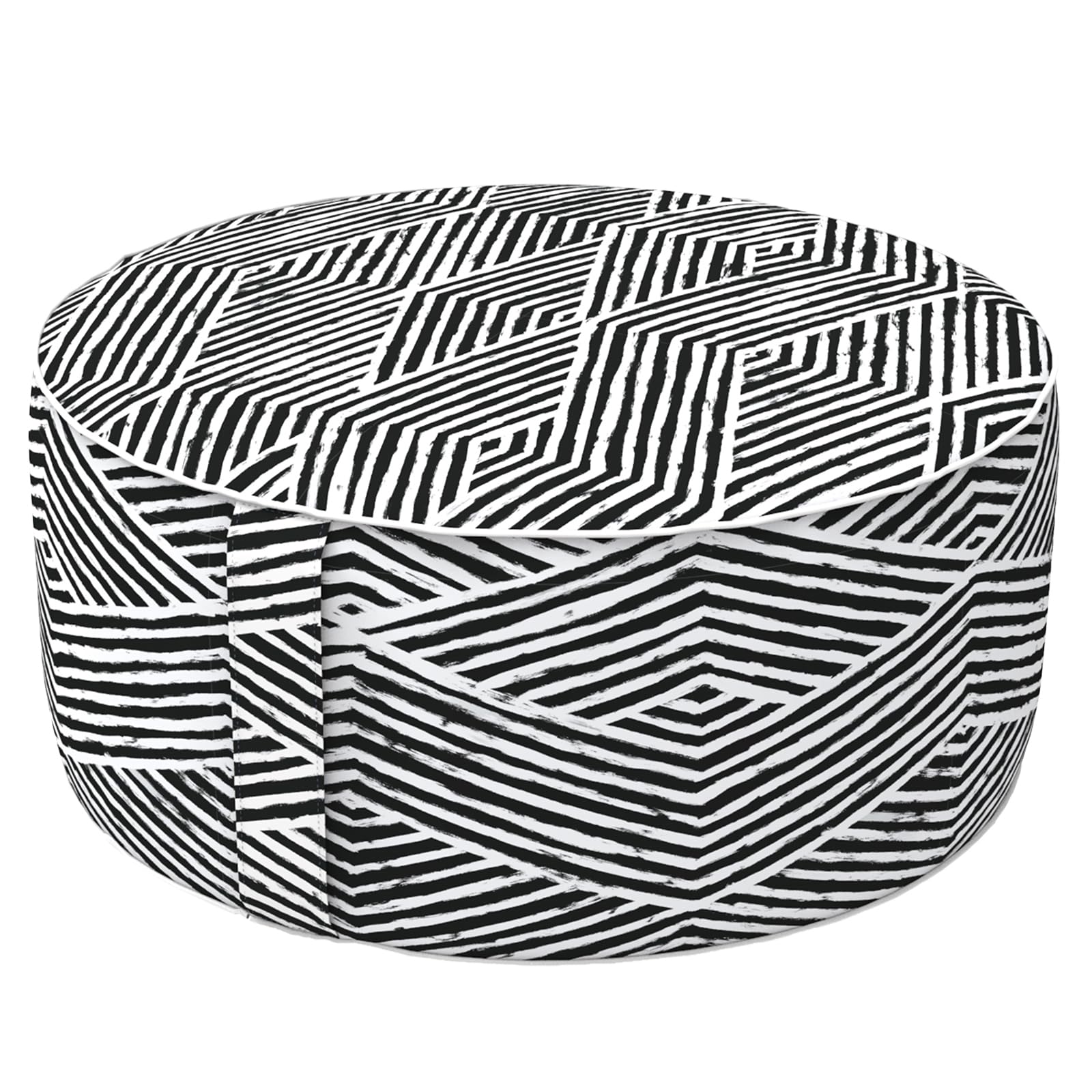 Codi Outdoor Pouf Ottoman, Inflatable Ottomans for Patio, Porch and Beach, Water Repellent Round Foot Rest with Handle, D21'' x H9'', Black and White