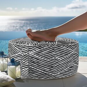 Codi Outdoor Pouf Ottoman, Inflatable Ottomans for Patio, Porch and Beach, Water Repellent Round Foot Rest with Handle, D21'' x H9'', Black and White