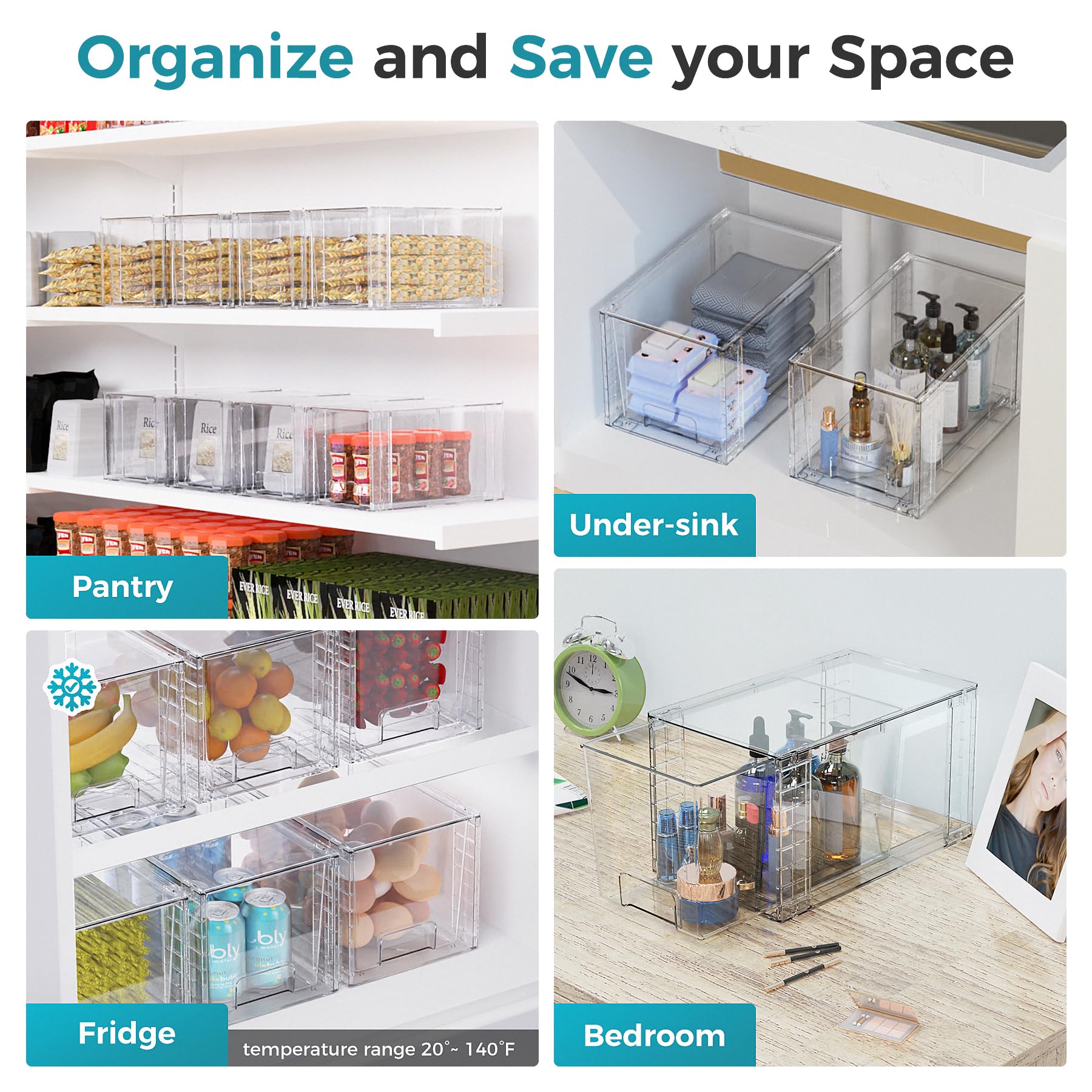 oylik 4 Pack Large Acrylic Drawer Organizer, Stackable Storage Drawers, BPA Free Food Storage Containers, Kitchen Cabinet Pantry, Fridge, Under Sink Organization (Total Capacity 12.2QT)