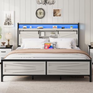 YITAHOME Farmhouse King Bed Frame with Storage Bookcase Headboard, Platform Bed Frame with LED Lights and Charging Station, Sliding Barn Door, Solid Metal Slats, No Box Spring Needed (White)