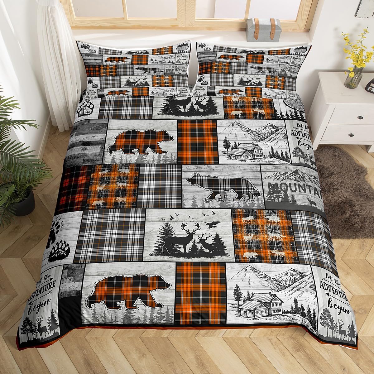 Erosebridal Rustic Cabin Bedding Set King Farmhouse Lodge Duvet Cover Black Orange Buffalo Plaid Country Comforter Cover for Kids Men Hunting Bear Deer Wolf Woodland Wildlife Quilt Cover