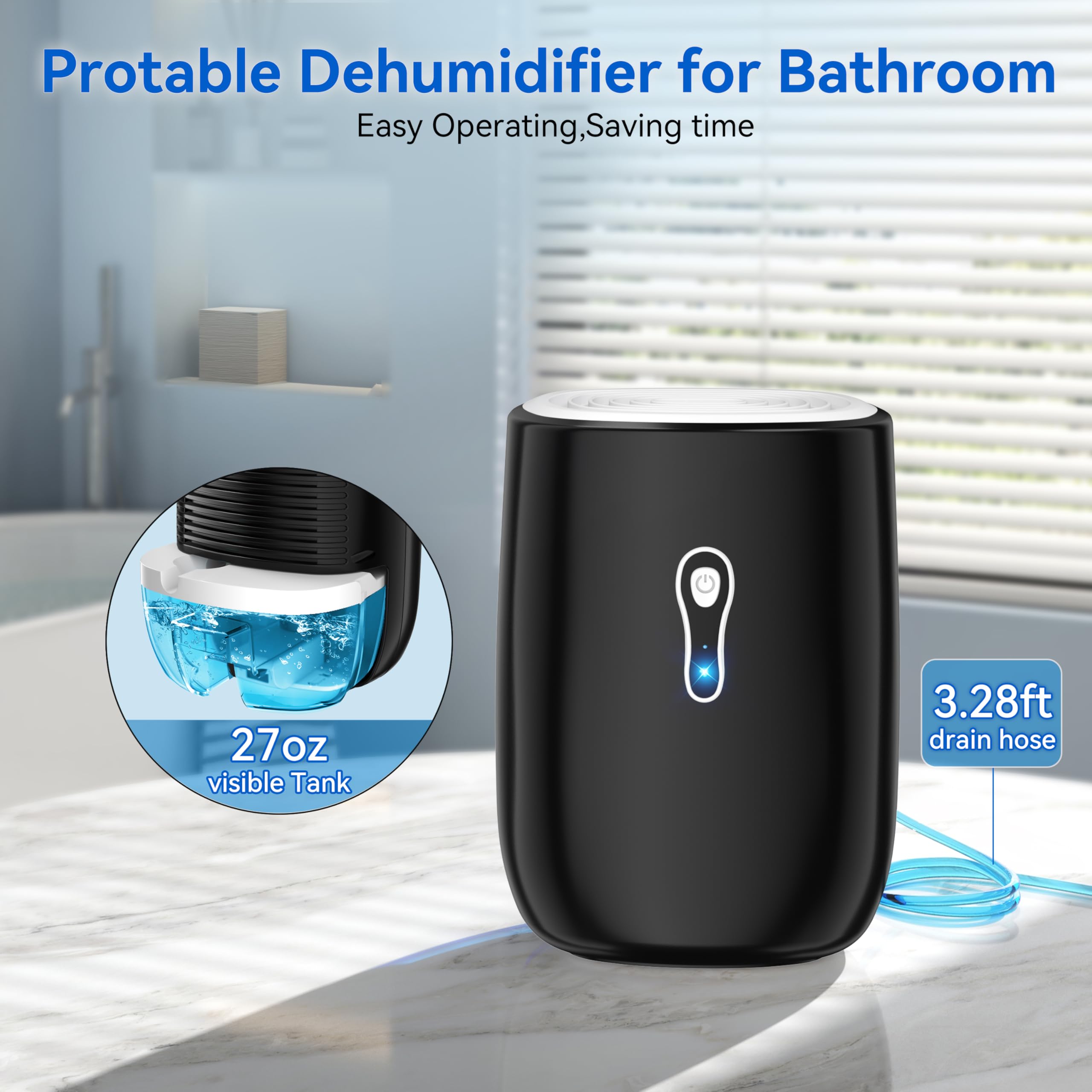 CiiVii Dehumidifier for Home, 27oz/800ml Dehumidifier with Drain Hose for Bathroom,Bedroom, Quiet Small Dehumdifier for Countertop,Kitchen,Closet,RV,Auto Shut-off Home Dehumidifier for Room (Black)