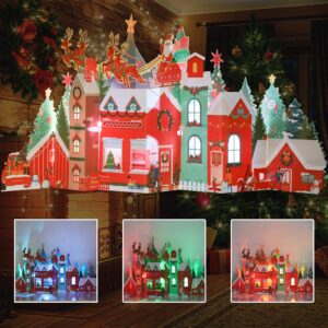 JOYJOM 3D Pop Up Christmas Cards, Musical Christmas Cards with Envelopes, Lights and Note Tag for Kids Wife Mon Dad Friends,21" x 11.4" (Village Santa and Reindeers)