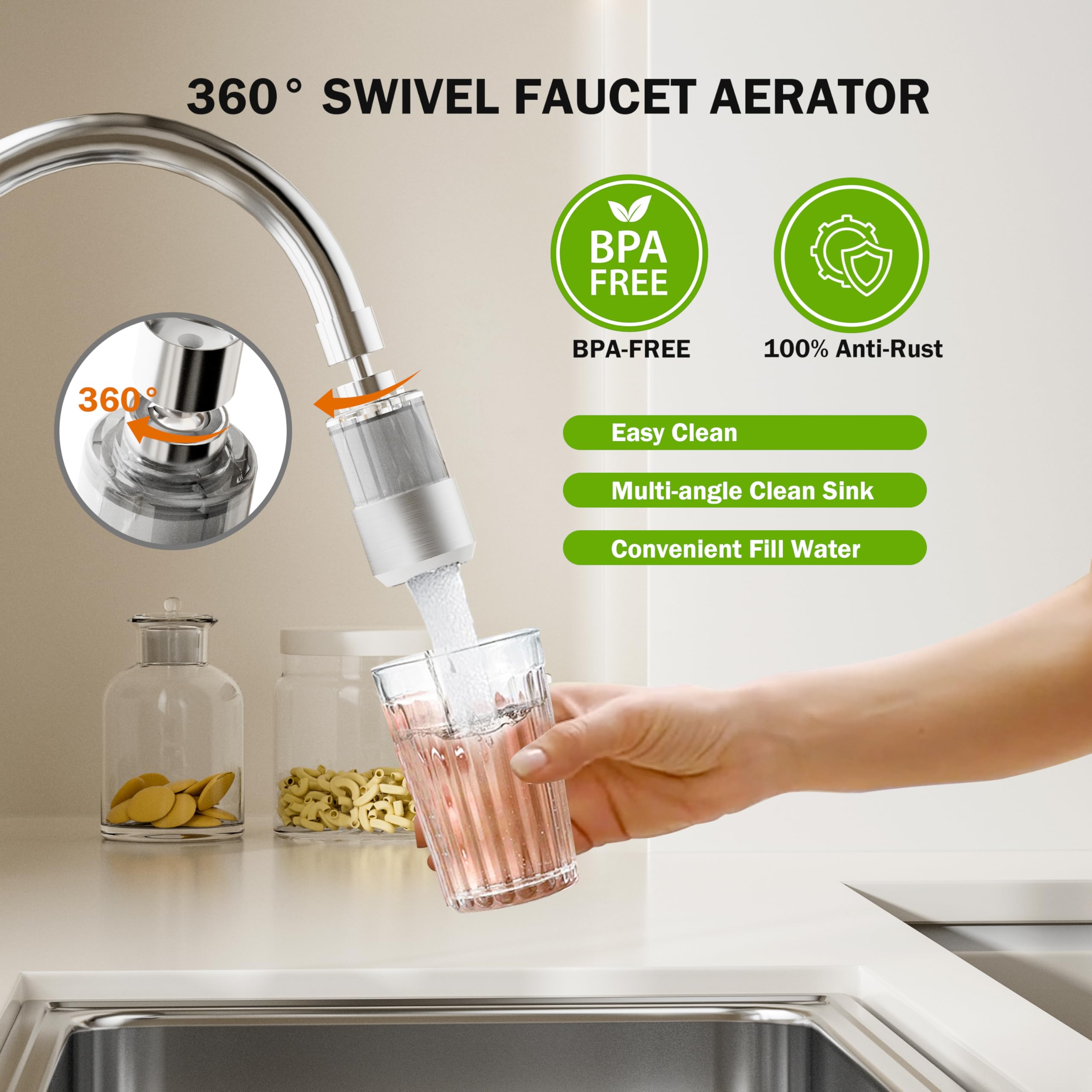 Frizzlife Longlasting Sink Faucet Water Filter, 360 ° Rotating | 2 Mode Splash, Certified Reduce 99.9% Chlorine, Heavy Metal, Hard Tap Water Softener For Kitchen/Bathroom/Skin Care (8pcs Extra Filter)