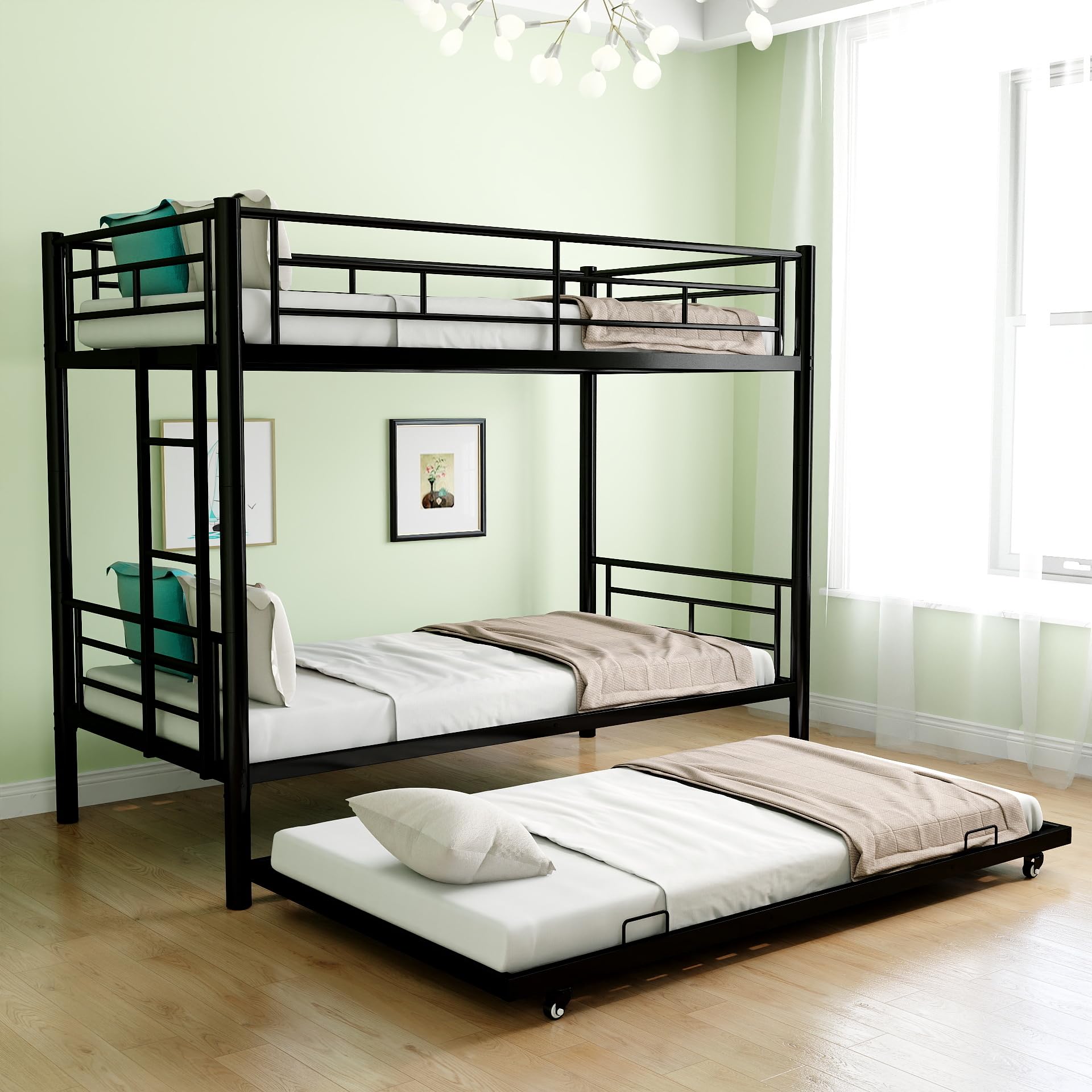 QSOSTNS Twin Over Twin Bunk Bed with Trundle, Heavy Duty Bunk Beds Frame with Side Ladders Convertible Bunkbed with Safety Guard Rails, No Box Spring Needed (Black)